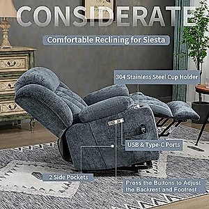 Trustyue Power Lift Recliner Chair for Elderly, Lift Chair with Full-Body Massage and Heat, Hand Remote Control, Upgraded Powerful Motor, USB Ports, Stainless Steel Cup Holders, Chenille Blue