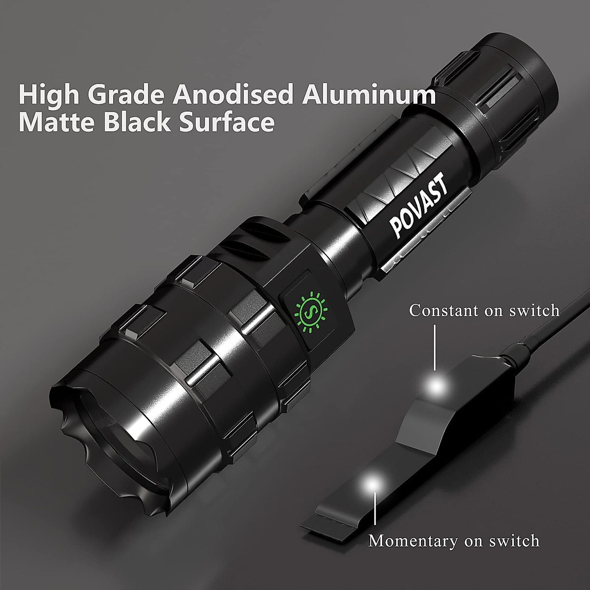 POVAST Tactical Flashlight Picatinny Rail Mount 1600 Lumens Side Switch Remote Pressure Switch USB Rechargeable, Matte Black