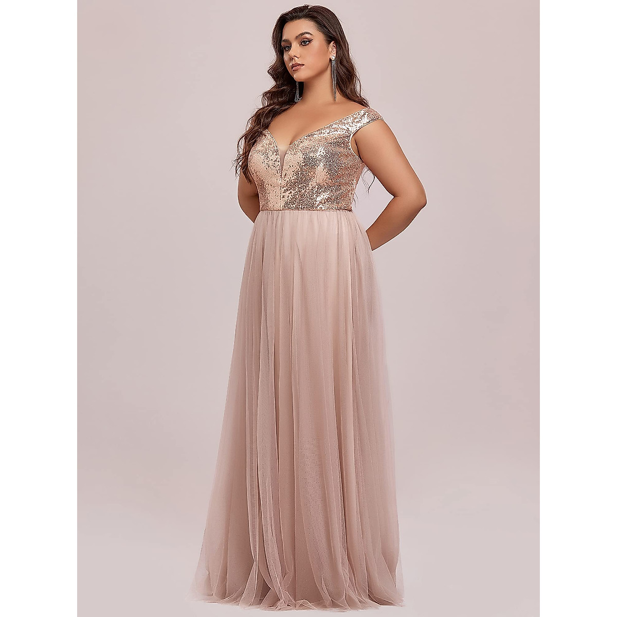 Ever-Pretty Women's Cap Sleeve Sequin Plus Size A-line Tulle Wedding Party Dress Long Rose Gold US24