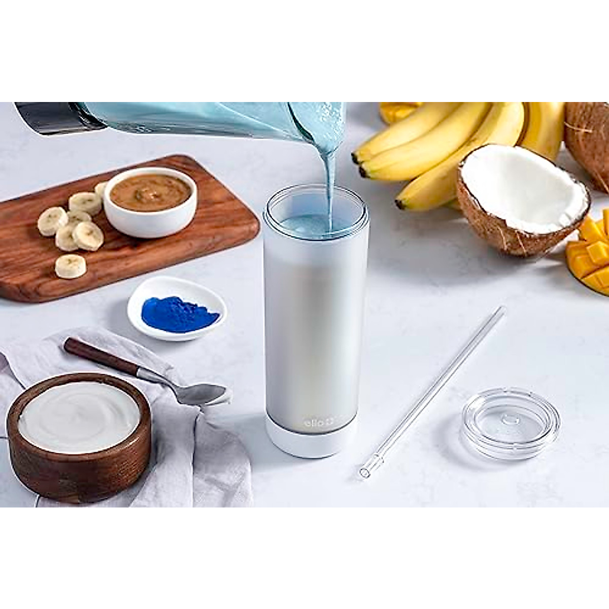 Ello Monterey 24oz Plastic Tumbler with Straw and Built-In Silicone Coaster, Premium Double Walled Insulation, Reusable Cup Perfect for Iced Coffee, BPA Free, Silver