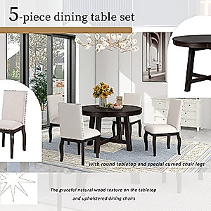 OYN 5-Piece Kitchen Room Furniture, Wooden Farmhouse Round Dining Table Sets with 4 Nailhead Decor Upholstered Chairs and Extendable Tabletop for 4 Persons Family Meal, Espresso