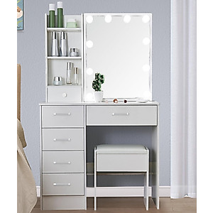 White Vanity Desk with Mirror and Lights, Makeup Vanity Desk with 5 Drawers of Storage, Bedroom Makeup Dressing Table with Stool, White (JTO-07)