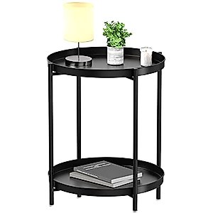 EKNITEY 2 Tier End Table - Metal Side Table Waterproof Small Sofa Coffee Side Tables Bedroom Indoor Outdoor with Removable Tray for Living Room Bedroom Balcony and Office (Black)