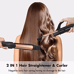 AmoVee Travel Curling Iron, 1.25 Inch Hair Straightener Curling Iron, 2 in 1 Flat Iron Ceramic Tourmaline, Dual Voltage Curling Iron, Adjustable Temp, Rose Gold