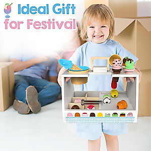 Wooden Ice Cream Toy for Kids, 33 PCS Pretend Play Food for Toddlers 3-5 Portable Ice Cream Stacking Toy, Montessori Toddler Toy Kitchen Playset Gift for Ages 3+