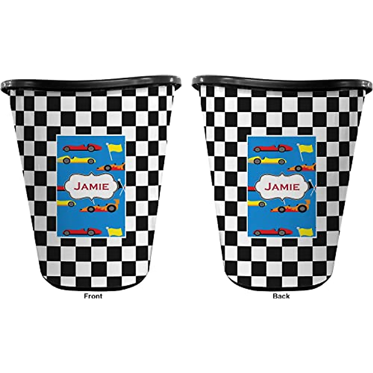 RNK Shops Checkers & Racecars Waste Basket - Double Sided (Black) (Personalized)