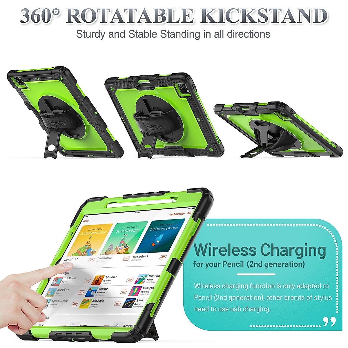 SEYMAC stock Case for iPad Pro 12.9'' 2022/2021/2020/2018 with Screen Protector 360 Rotating Stand Hand Strap, Drop-Proof Case for iPad Pro 12.9''(6th/5th/4th/3rd Generation), Green/Black
