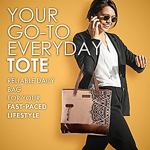 SIXTEASE Tote Bags for Women Large Tote Bag with Zipper Top - Genuine Leather Strap, Upcycled Canvas, Rug, Hair On and Hardware Accents - Vintage Style Hand Stitched - Emblem