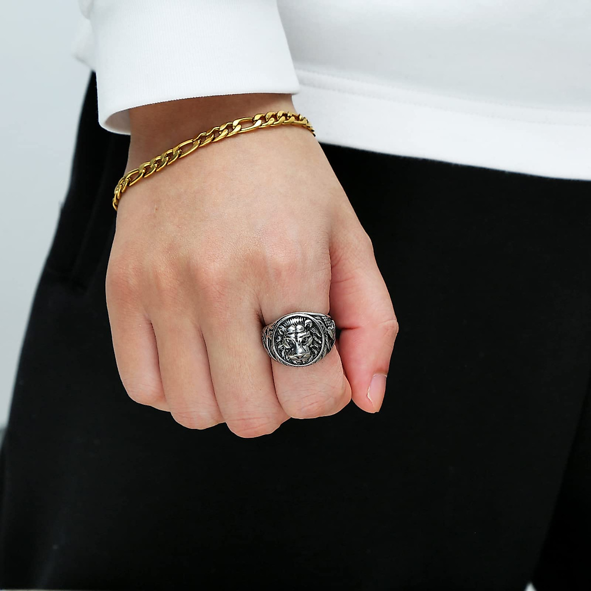 HZMAN Men's Vintage Stainless Steel Ring Lion Head Shield Biker Gold/Silver