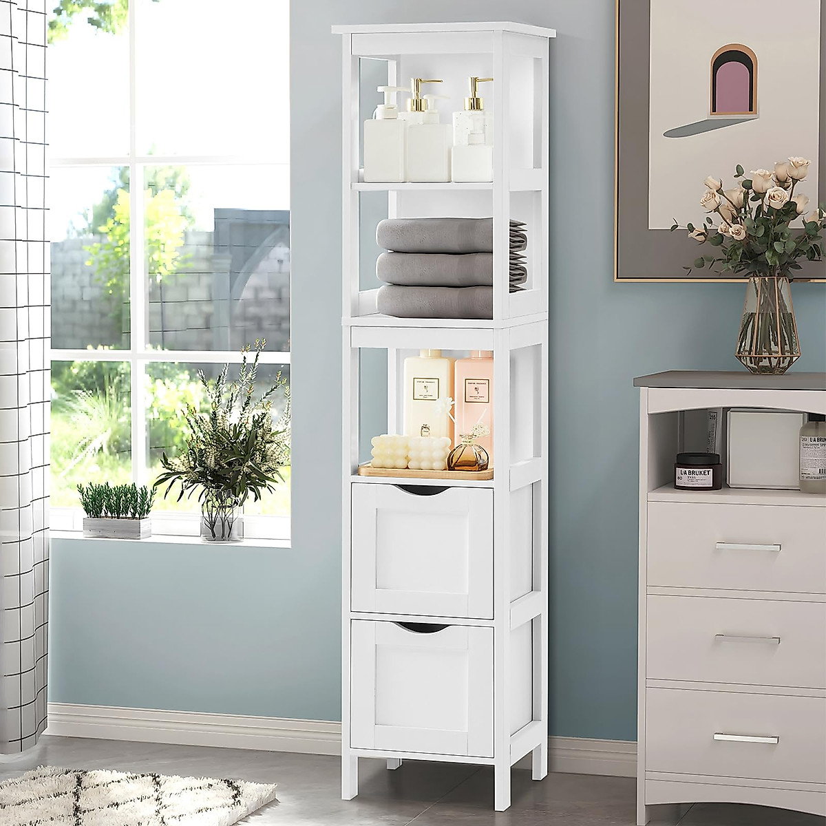 usikey 55.9" H Bathroom Storage Cabinet, Slim Tall Cabinet, Narrow Storage Cabinet with 2 Drawers & 3 Open Shelves, for Bathroom, Living Room, White