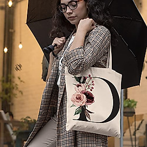 Floral Canvas Bags Gifts for Bridesmaid - Initial Tote Wedding Bag for Bridal Shower - Engagement Shoulder Totes Bags for Women - Bachelorette Party Gift for Girl - 15"x16" Large Bag C2 (Initial #A)