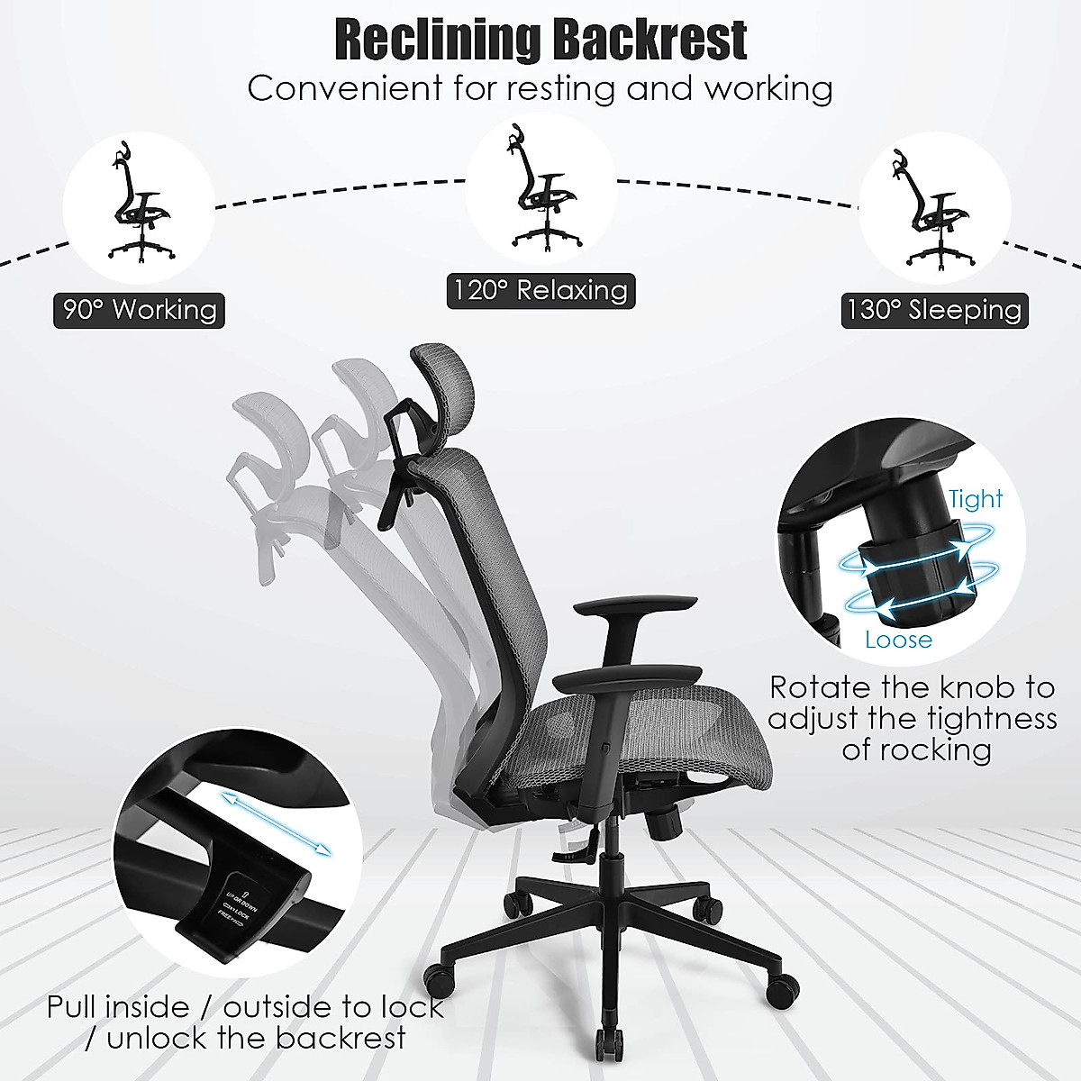 GOFLAME Ergonomic Mesh Office Chair, Swivel Executive Chair with Reclining High Backrest, Rotatable Headrest, Clothes Hanger and Lumbar Support, Height Adjustable Computer Desk Chair (Gray)