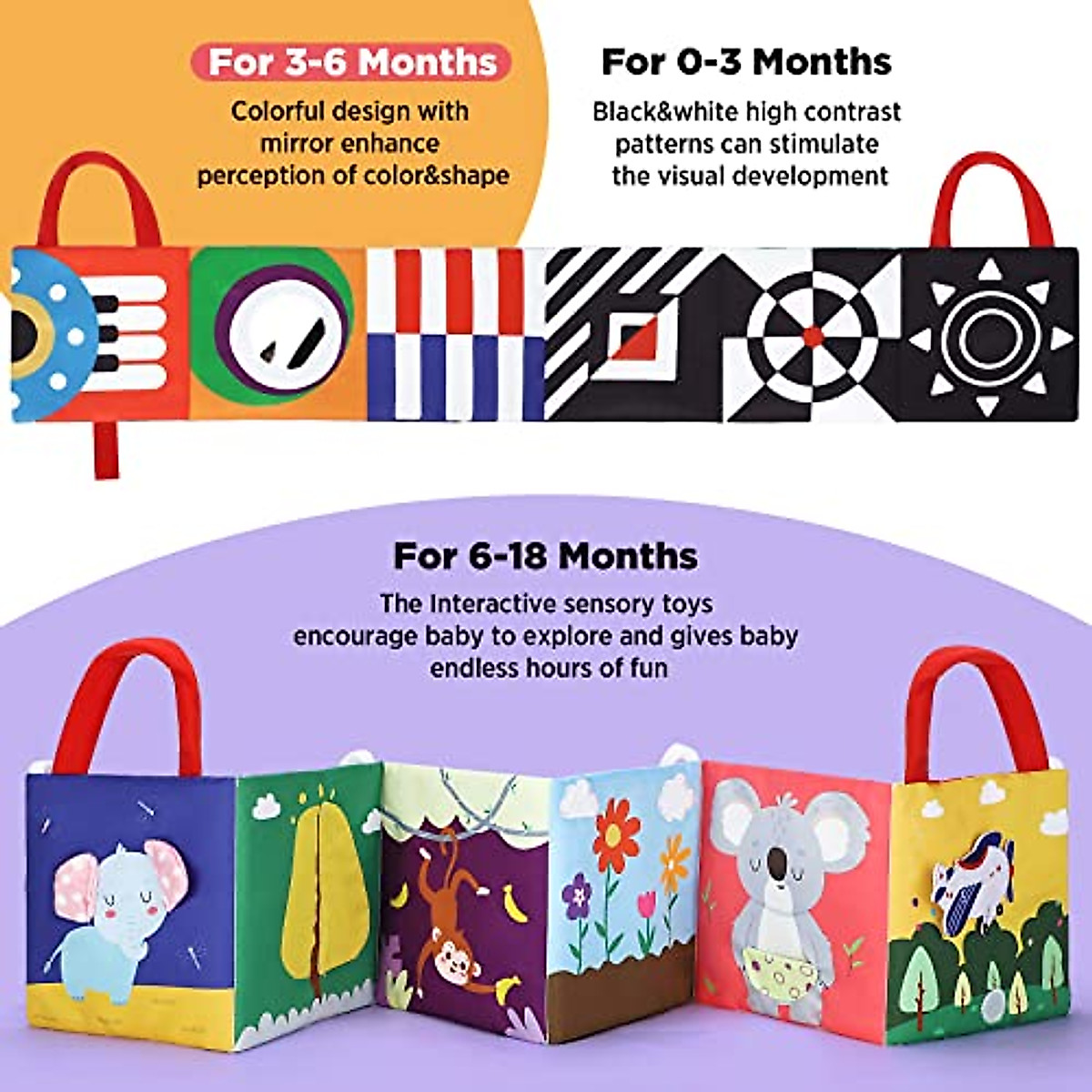 Baby Books 0-6 Months, Newborn Toys, High Contrast Baby Toys with Mirror and Teether, Baby toys 3-6-12 Months, Infant Toys 0-3 Months, Tummy Time Toy, Soft Sensory Touch Feel Book Crib Toy Shower Gift