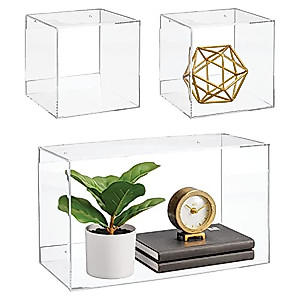 mDesign Floating Wall Mounted Shelves, Decorative Acrylic Geometric Square/Rectangle Display for Photos, Plants, Decor - Shadow Box for Bedroom, Office, Bathroom, Lexa Collection, Set of 3, Clear