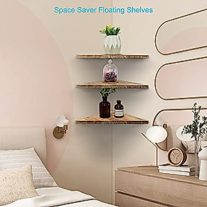 Joiishom Corner Wall Shelf Set of 3, Floating Corner Shelves for Wall, Rustic Wood Wall Storage Display Shelves for Living Room Bedroom Bathroom Kitchen (Carbonized Wood)