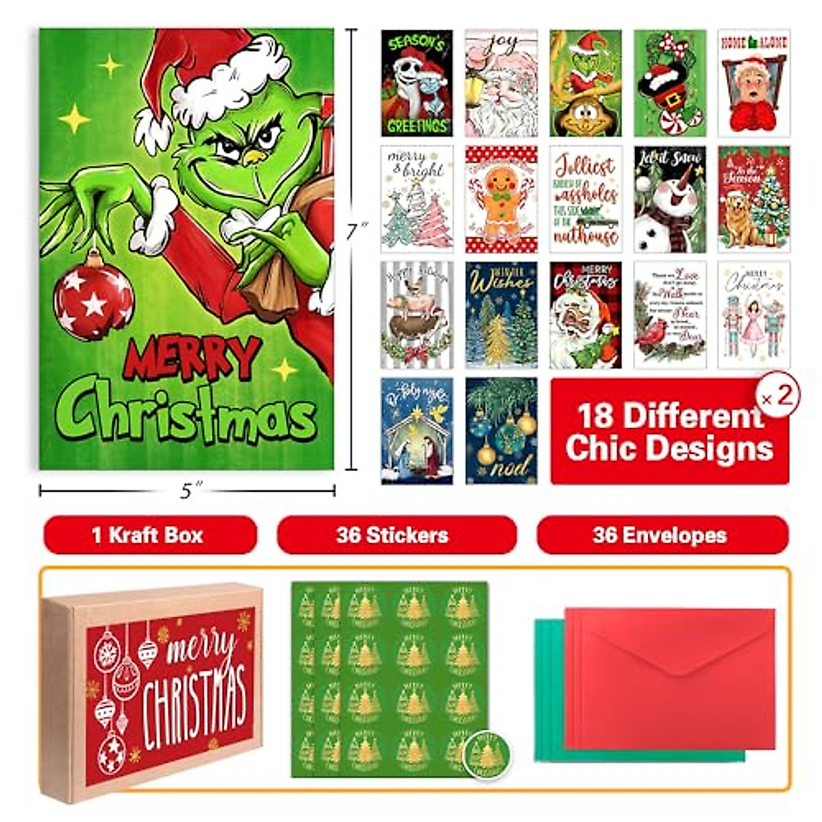Auirre Christmas Cards Set-36 Pack Merry Christmas Greeting Cards Boxed Envelopes and Stickers for Sealing, 18 Assorted Designs Bulk Blank Cards Holiday Cards for Xmas 2025 New Years 5x7 Inch