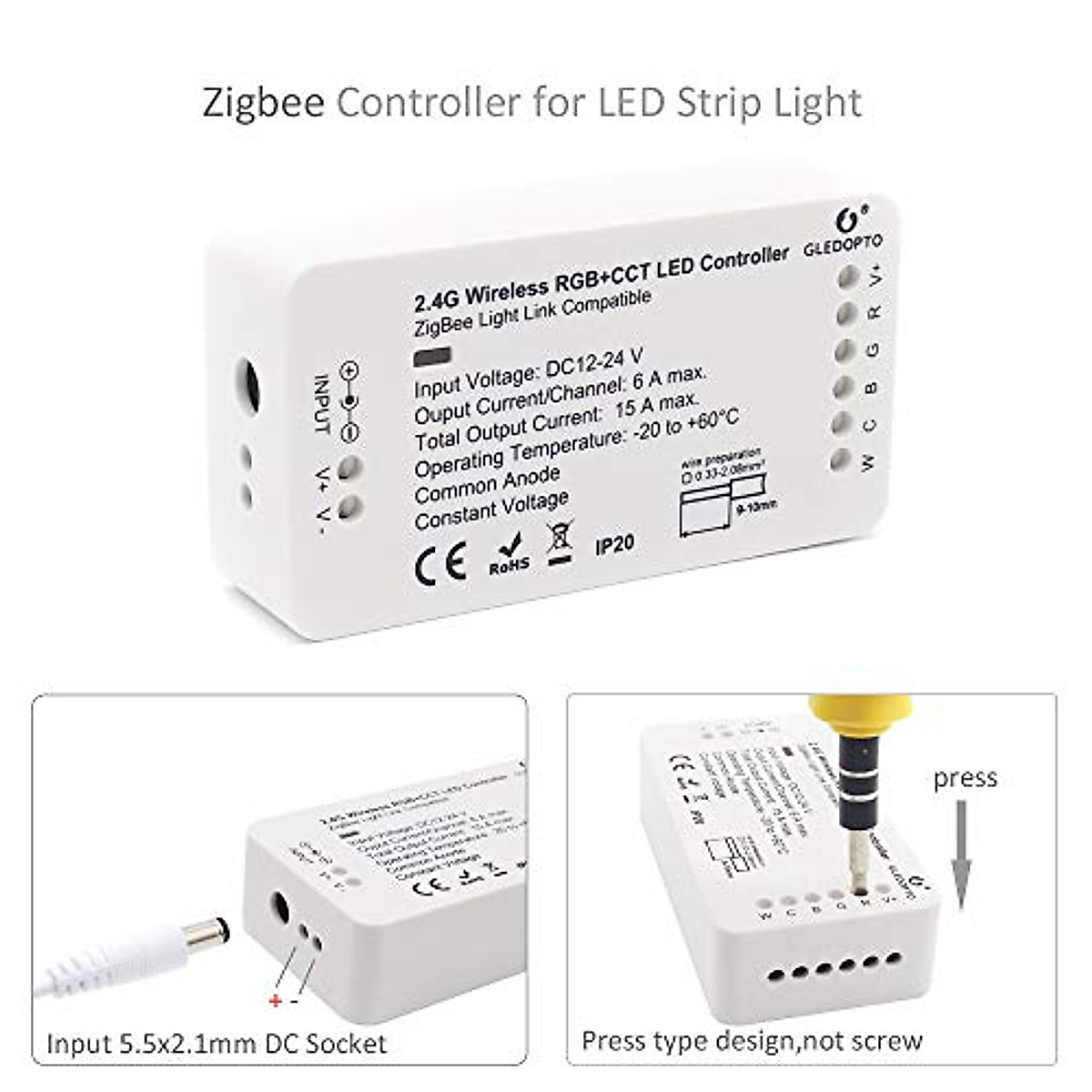 GLEDOPTO Zigbee Controller RGBW RGBCCT 5 in 1 LED Strip Light Controller,Compatible with SmartThings Hub, Zigbee Zll Link Device Amazon Alexa Echo,Smart Voice Timer APP Controller (RGBCCT)
