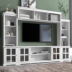 Multifunctional All in One TV Stand for TVs Up to 70'', Luxury Entertainment Wall Unit with Bridge and Tempered Glass Door, TV Stand Console Table with Top Cabinet for Living Room (White-70)