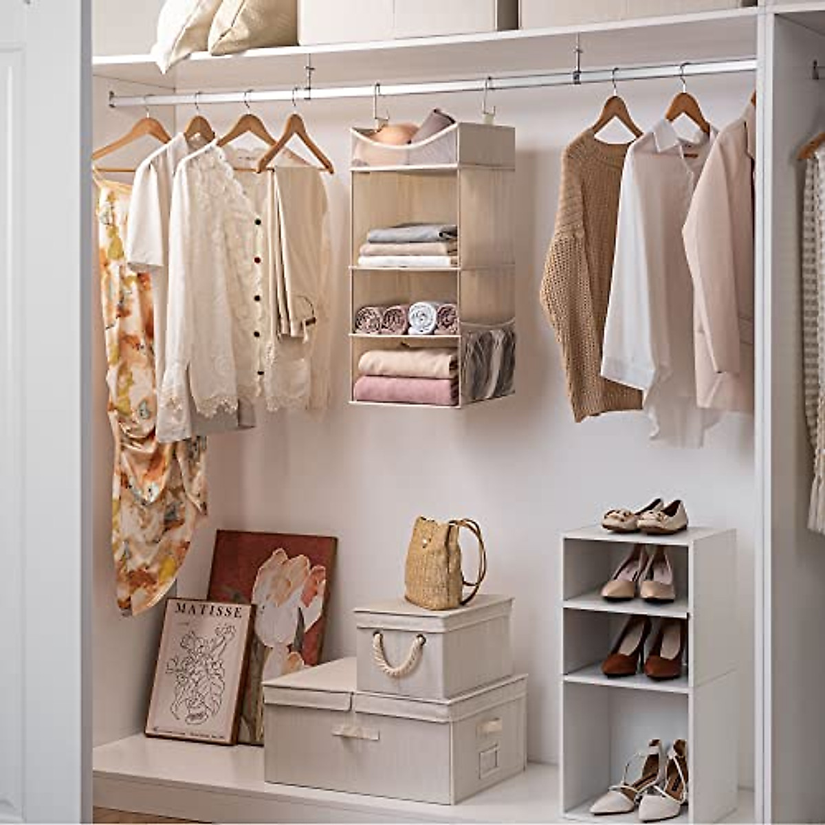 StorageWorks 3-Shelf Hanging Closet Organizer, Adjustable Hanging Closet Organizers and Storage, 12 ¾”W x 12 ¾”D x 32”H, White & Ivory