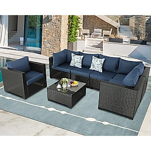HTTH 7 Pieces Patio Furniture Sets Outdoor Rattan Wicker Conversation Sofa Garden Sectional Sets with Coffee Table for Porch Garden Poolside Backyard (Navy Blue)