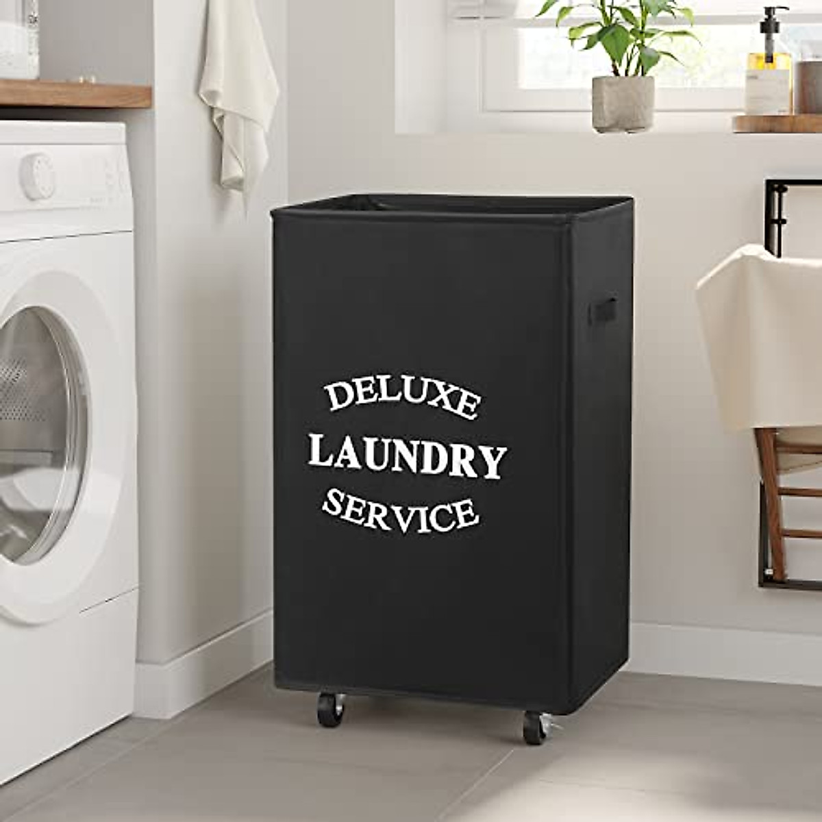 WOWLIVE Large Rolling Laundry Basket Wheels 90L Collapsible Tall Laundry Hamper Handle Foldable Dirty Clothing Basket Fold up Rectangular Hampers for Laundry Dorm Room (Black)