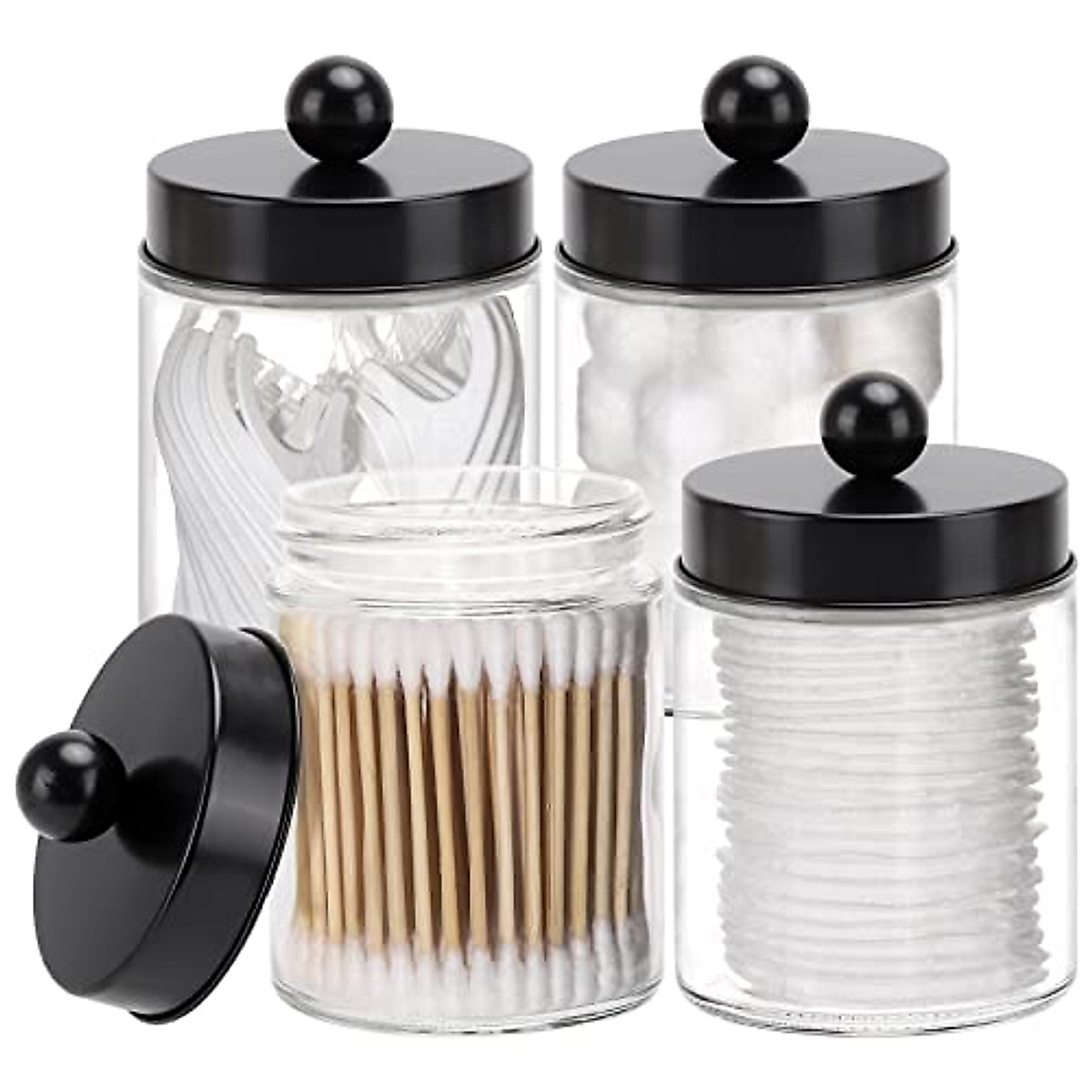 Tbestmax Glass Qtip Holder Dispenser, 10-Ounce Bathroom Containers Apothecary Jars with Metal Lids for Cotton Ball Swab Pad, Black (4 Pack)