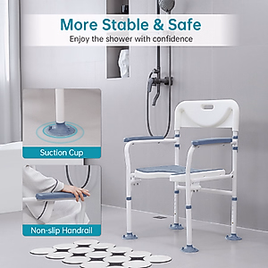 ELENKER Folding Shower Chair 350lbs, Heavy Duty Bath Safety Seat with Soft EVA Cushion and Large Suction Cups for Seniors Handicap and Pregnant Women