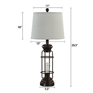 Table Lamp for Living Roon Set of 2, 29.3" Tall Farmhouse Table Lamp with 2 Nightlight Bulbs, Oil Rubbed Bronze Bedside Lamp with White Oatmeal Lampshade for Living Room Bedroom, Bulbs Included