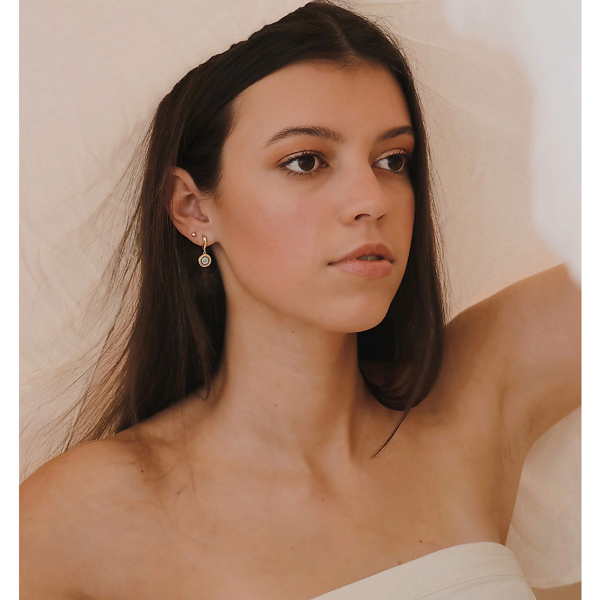 PEARLADA 18K Gold Round Evil Eye Dangle Hoop Earrings for Women Small Micro-inlaid Cubic Zirconia Charm Jewelry Fashion Hammered Coin Earrings