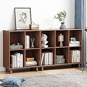 IOTXY Freestanding Open Cubes Bookcase - 2-Tier Floor Standing Wooden Storage Display Cabinet Organizer with Legs for Home Office, 6-Cubes Open Shelf Low Short Bookshelf, Walnut