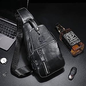 BULLCAPTAIN Genuine Leather Sling Bag Mens Crossbody Backpack for Hiking Casual Daypack Shoulder Chest Bag with USB Charging Port (Black)