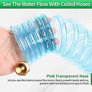 Yereen Coil Garden Hose 25FT, EVA Recoil Garden Hose, Transparent Self-coiling Water Hose with 3/4" Brass Connector Fittings with 10 Function Spray Nozzle, Blue