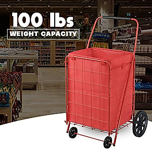 Juggernaut Carts Folding Shopping Cart, 110 lbs Capacity, Red Powder Coated Steel, Rubber Caster Wheels, Handle, Folds for Storage