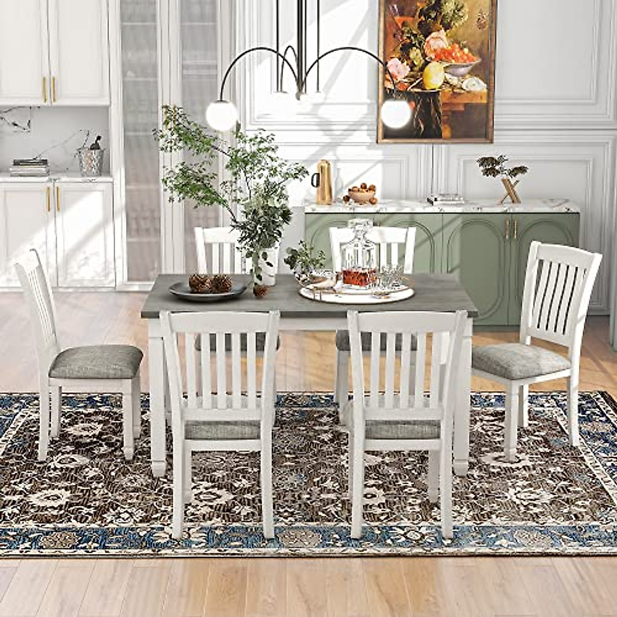 Neoclassical 7-Piece Dining Table Set, Solid Wood Kitchen Dining Room Table Set of 7, Rectangle Dining Table with 6 Upholstered Chairs and Shaped Legs, Family Dining Kitchen Set for 6