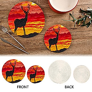ALAZA Deer and Beautiful Sunset Red Sky Trivets for Hot Dishes 2 Pcs,Hot Pad for Kitchen,Trivets for Hot Pots and Pans,Large Coasters Cotton Mat Cooking Potholder Set