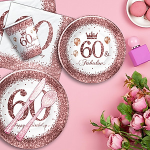 Xigejob 60th Birthday Decorations Women Tableware, Rose Gold 60 And Fabulous Decorations Dinnerware, Plate, Cup, Napkin, Tablecloth, Cutlery, Happy Sixty 60-Year-Old Birthday Party Supplies, Serve 24