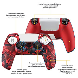 YoRHa Studded Printing Silicone Cover Skin Case for PS5 Controller x 1(Red) with Pro Thumb Grips x 10