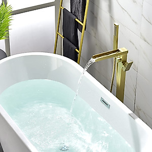 SHAMANDA Luxury Freestanding Bathtub Faucet Single Handle Waterfall Tub Filler with Handheld Shower Brushed Gold, Floor Mounted, FL701-3