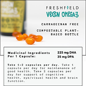 Freshfield Vegan Omega 3 DHA: Sustainably Sourced, Premium, Carrageenan Free, Compostable Bottle, Fish Oil Replacement, Carbon Neutral. Supports Heart, Brain, Joint Health w/DPA (60)