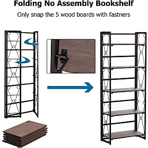 VECELO Folding Bookshelf, 5 Shelf Bookcase No Assembly, Industrial Metal Frame Shelves Rack Organizer for Living Room, Office,Walnut 1 Set