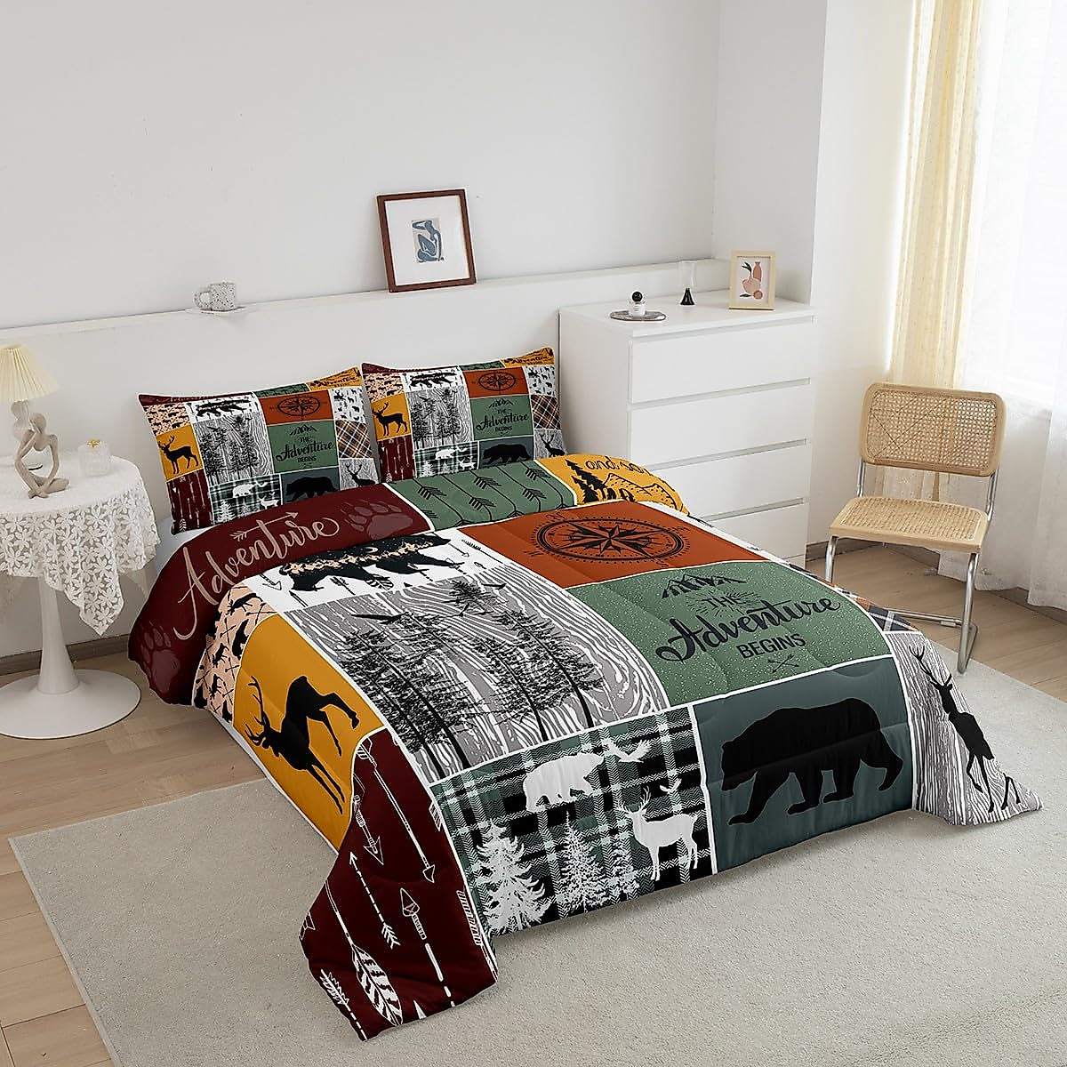 Cabin Retro Rustic Lodge Comforter Set, Bear Deer Country Bedding Twin, Hunting Wild Animal Quilt Plaid Check Adventure Themed Bedding Comforter Sets For Kids Boys Teens Adult Men Bedroom Decor