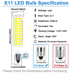 TAIYALOO E11 LED Bulb 100W Halogen Bulbs Equivalent,T4 Mini Candelabra LED Bulb Dimmable,Daylight White 6000K,10W 1000LM JDE11 120V 100W LED for Ceiling Fans,Chandeliers,Cabinet Lighting,4 Pack