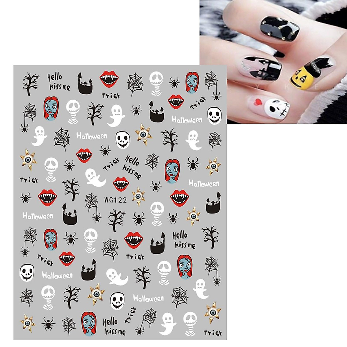 JMEOWIO 12 Sheets Halloween Nail Art Stickers Decals Self-Adhesive Pegatinas Uñas Skull Cute Horror Ghost Cat Witchy Bat Spook Nail Supplies Nail Art Design Decoration Accessories