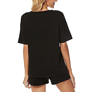 LOCUBE Women's Pajama Sets Soft Comfy Short Sleeve Lounge Outfits Pj Set Shorts with Pockets (Black 2, Medium)