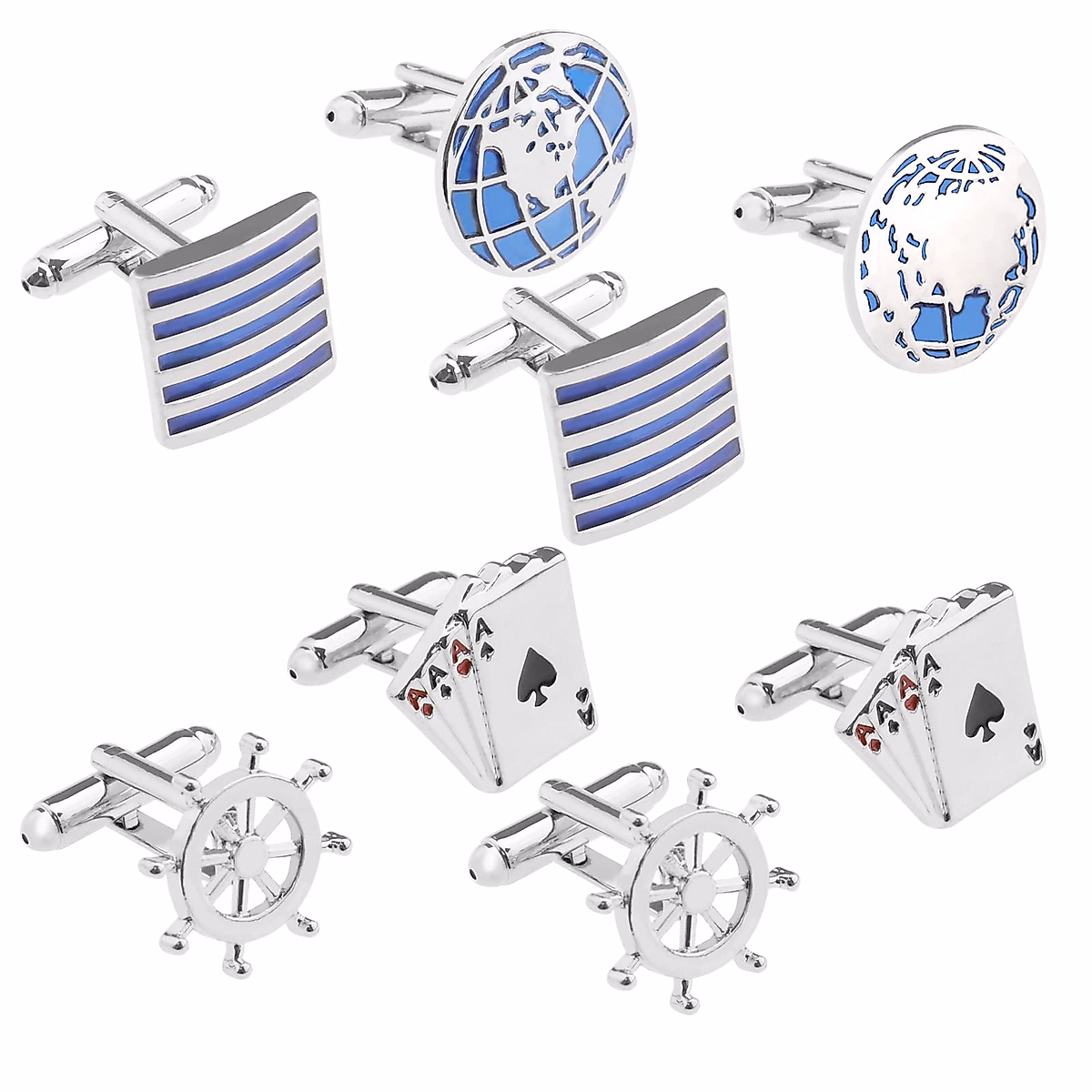 Create idea 4 Pairs Men's Cufflinks Classic Shirt Cuff Links Poker & Striped & World Map & Rudder Cufflinks for Men Father Groom Clothing Decoration Accessories