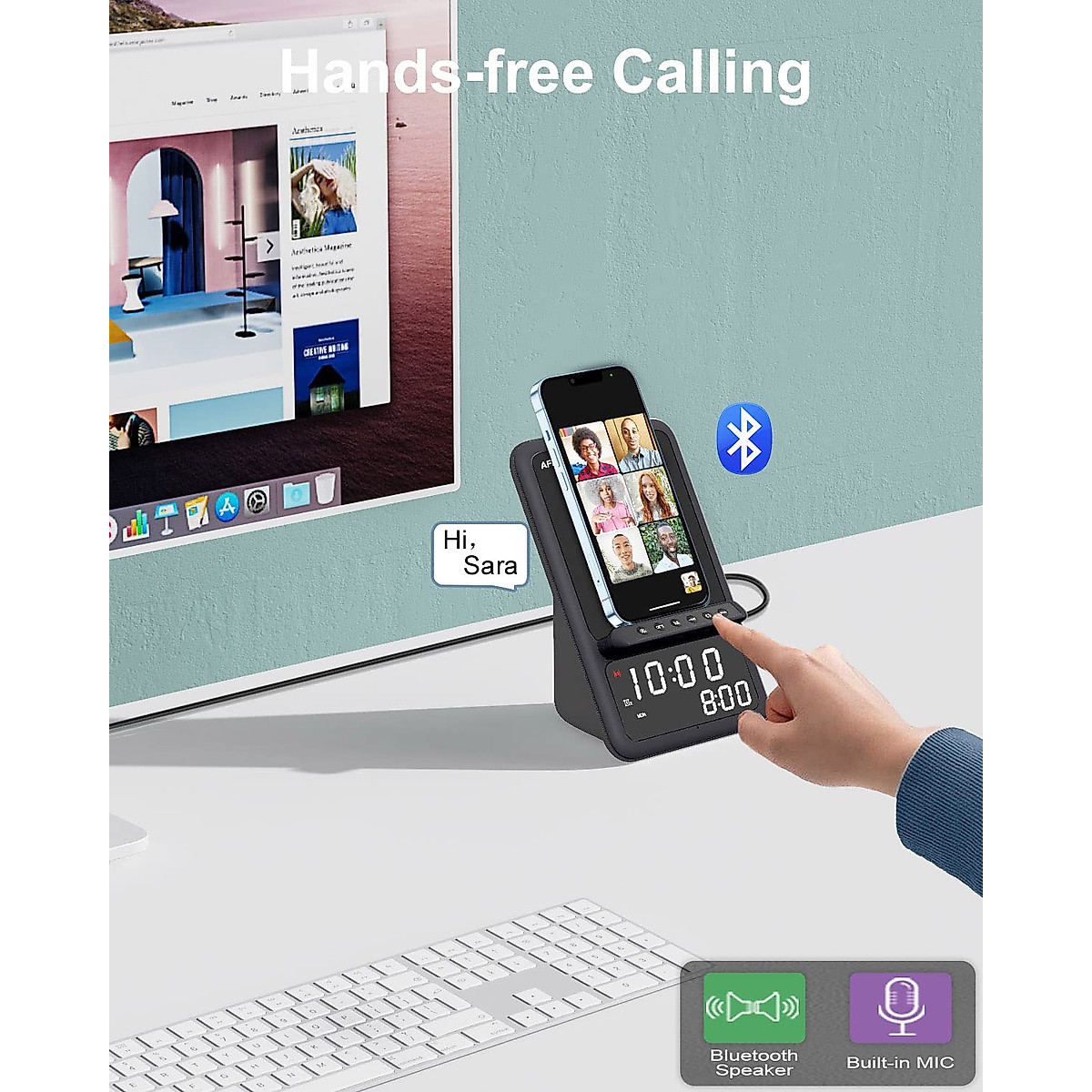 AFK Wireless Charging Station with Bluetooth Speaker and Alarm Clock, 4 in 1 Wireless Charger Compatible with iPhone15 14 13 12 11 Pro Max Series,Samsung Series and Other Android Phones(Black)