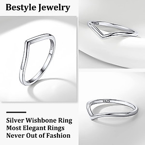 Bestyle Silver Women Rings Wishbone Ring Love Statement Band Ring for Mom Wife Daughter Sterling Silver Plain Knuckle Finger Rings V Shape Lucky Ring,Size 7
