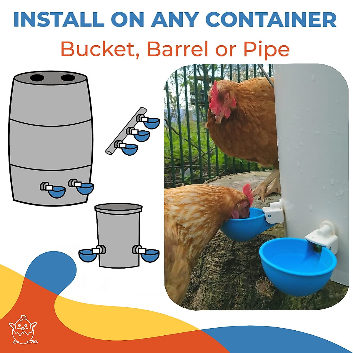 Lil Clucker - Blue Large Automatic Chicken Waterer Cups Suitable for Ducks, Geese, Turkeys, and Bunny Rabbit - Water Feeder Kit - Poultry Waterer - Pack of 5