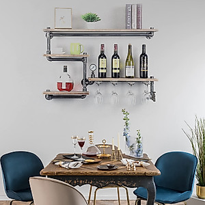Wall Wine Rack with 4 Stem Glass Holder Wall-Mounted Wine Racks, 39.37" Industrial Pipe Shelf Wine Rack Metal Floating Bar Shelves, Farmhouse Wall Shelf Wine Holder for Kitchen Dining Room Bar