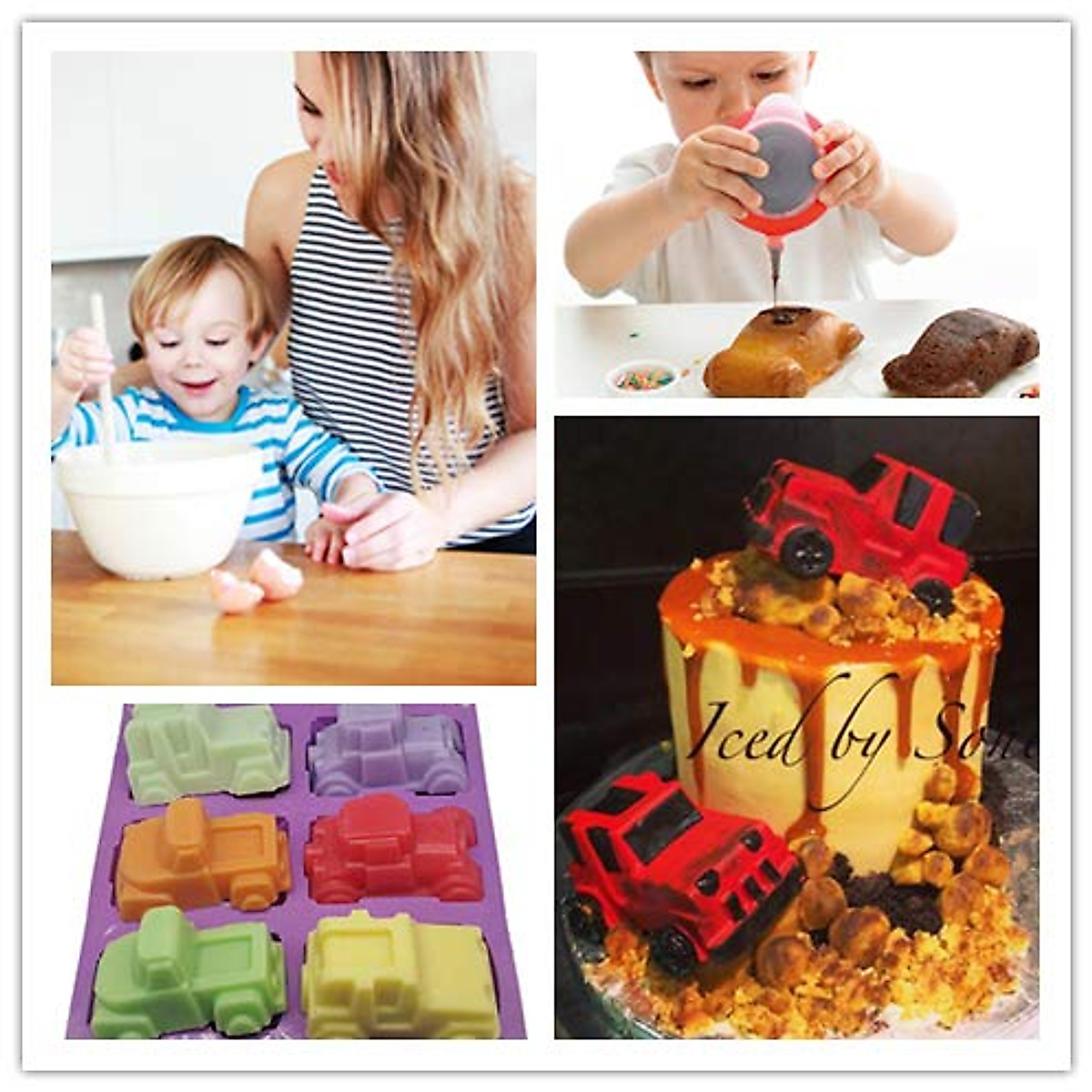 Truck SUV Car Baking Bakeware DIY Silicone Mold for Birthday Theme Party,Cool Ice Cream, Mini Cakes, Plaster Cars, Crayons, Candle, Ice Cube, Soap, Lotion Bars, Bread, Tart, Pie and More Ideas; MJ06L